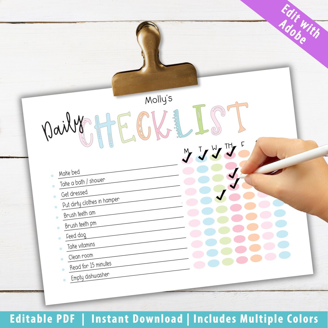 Printable Editable Kids Daily Checklist | Kids Chore Chart | Daily ...