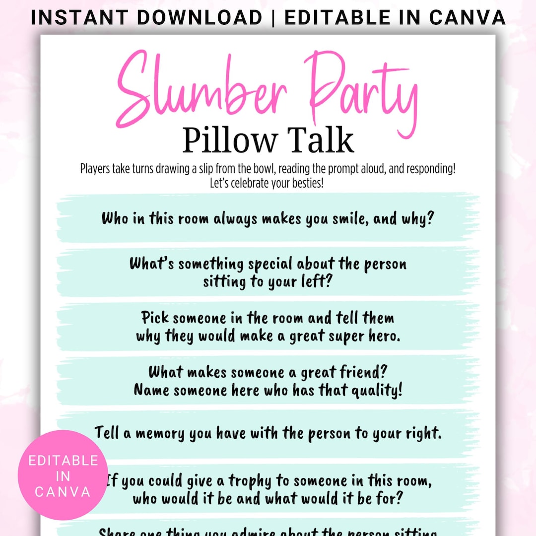 Fun Printable Slumber Party Pillow Talk Game | Girl Teen or Tween ...