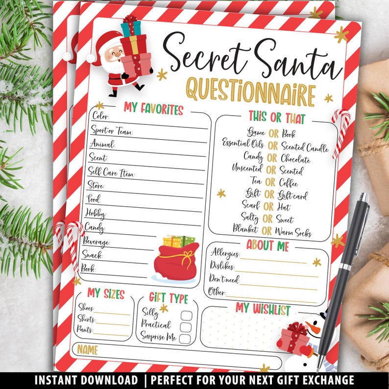 Christmas Secret Santa Questionnaire Form | Secret Santa Gift Exchange ...