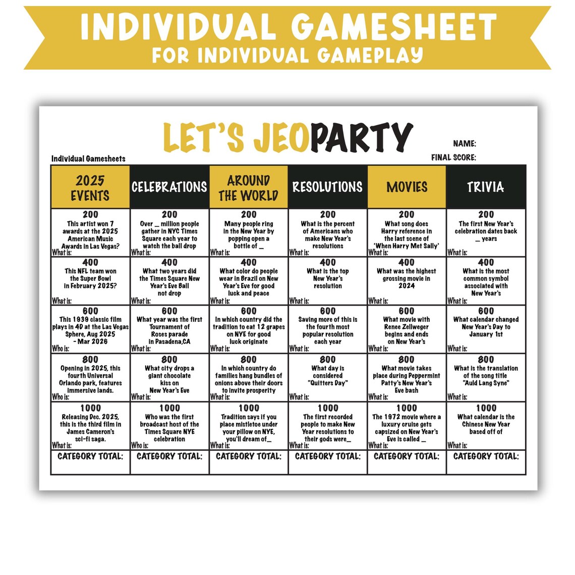 2025 New Years Jeoparty Game Gold | New Years Office Party Game ...