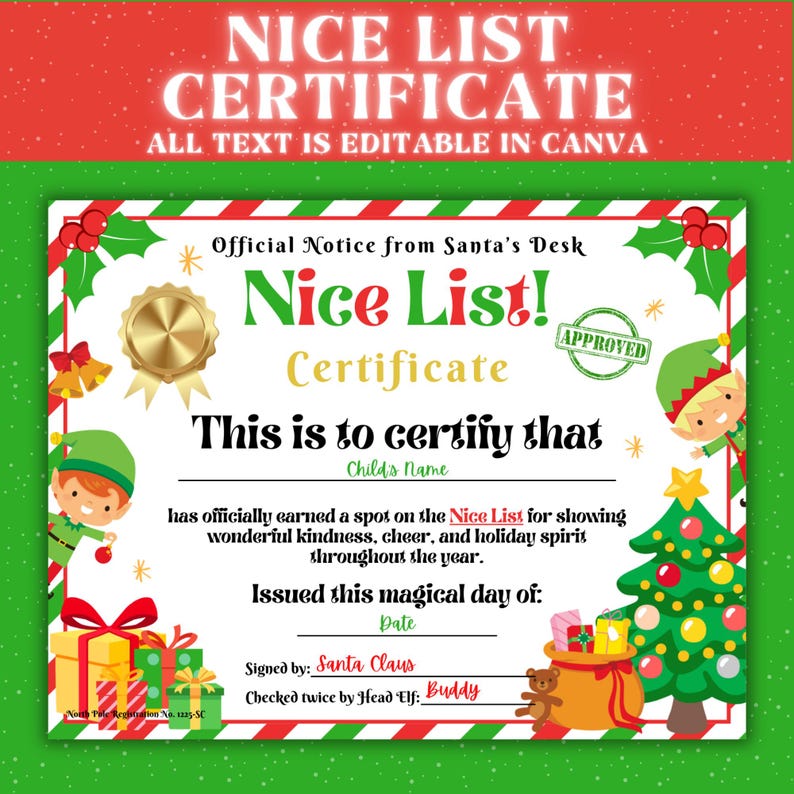 Printable Editable Christmas Elf Certificates | Nice List Certificate ...