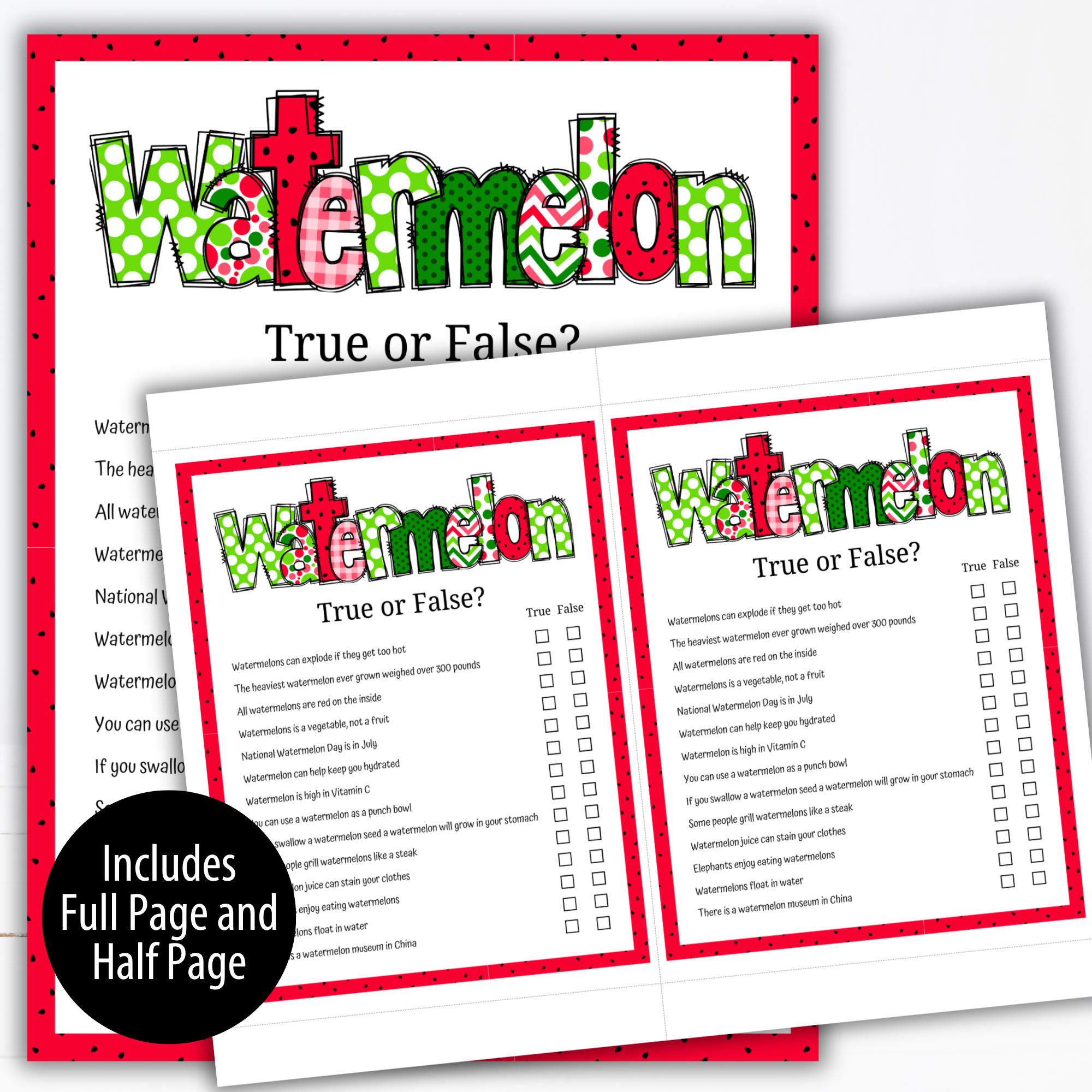 Editable Watermelon Trivia Game | Printable True or False Questions ...