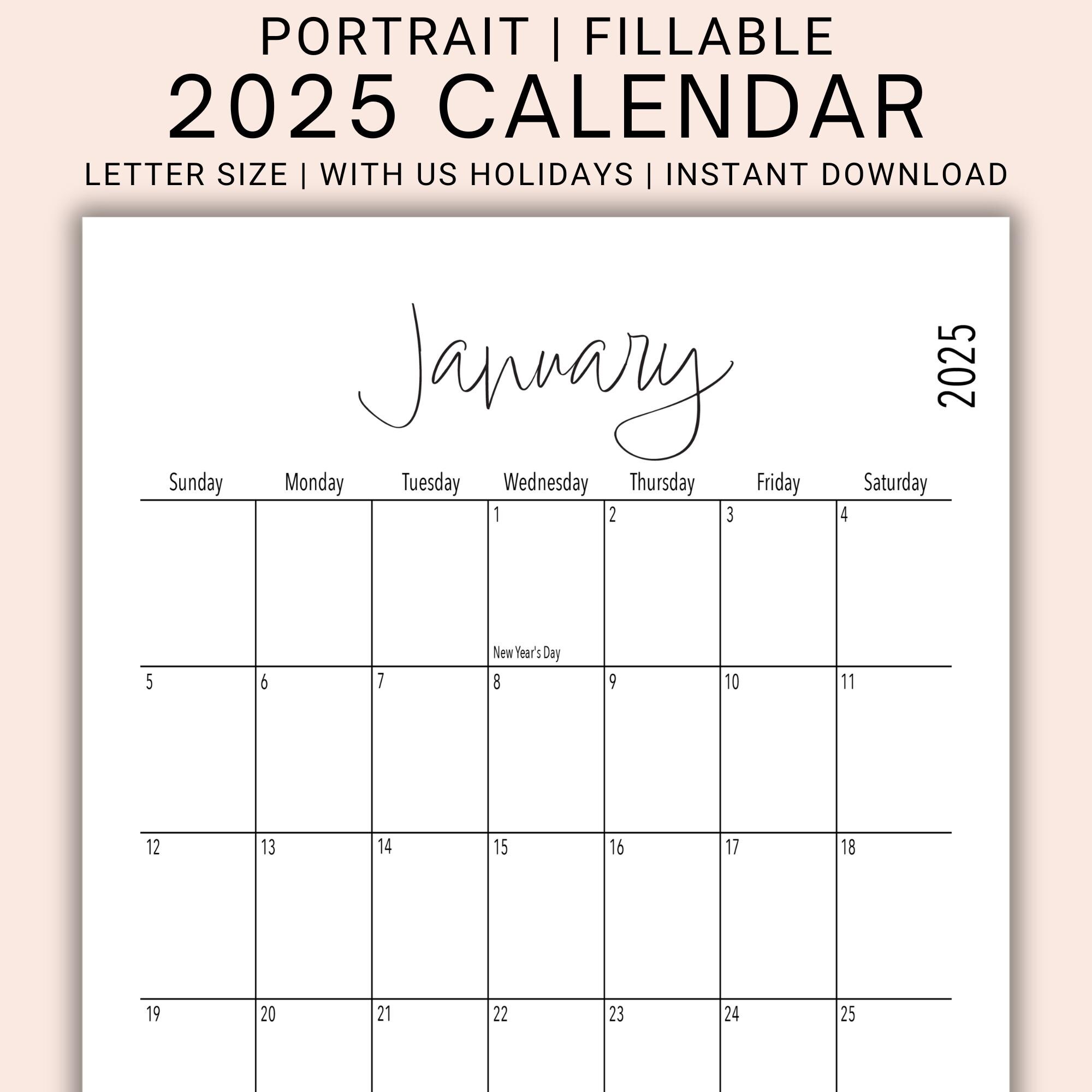 Printable Editable 2025 Calendar | Portrait US Letter 2025 Calendar ...