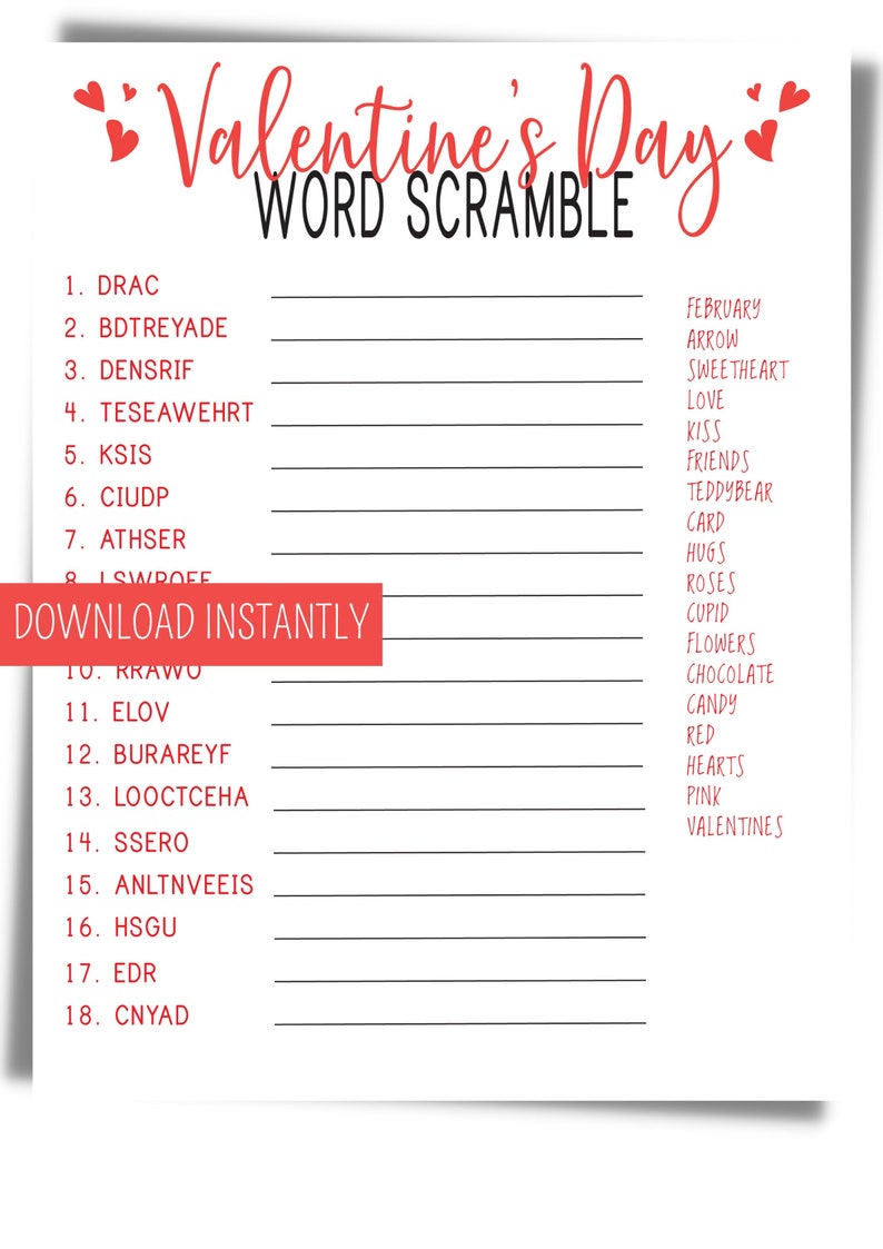 Valentines Day Word Scramble | Valentines Printable Games | Printable ...