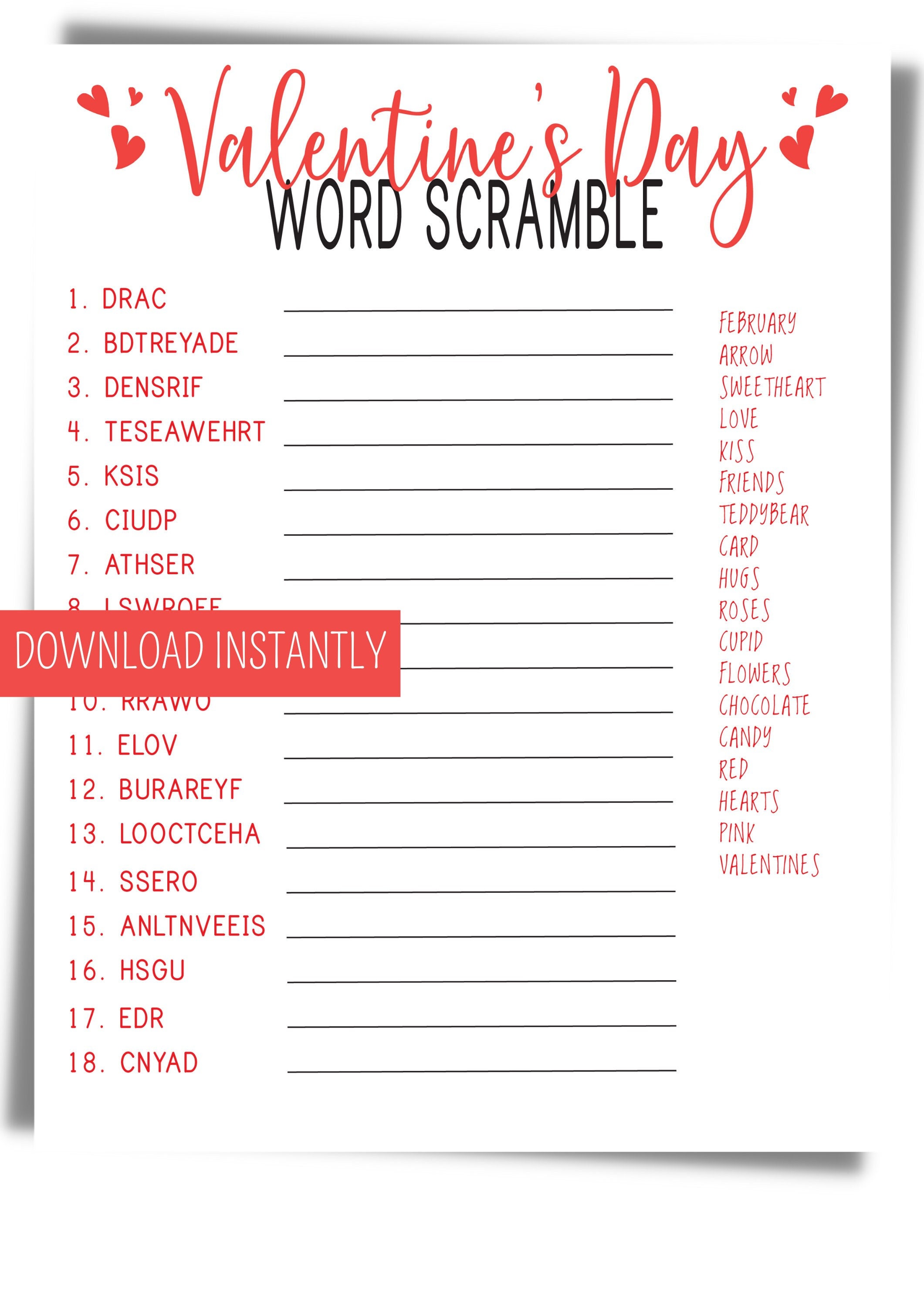 Valentines Day Word Scramble | Valentines Printable Games | Printable ...