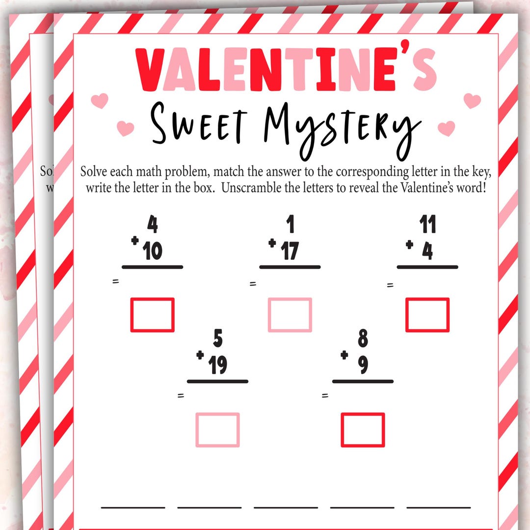 Printable Valentine Game With Simple Math Problems That Reveal a Secret ...