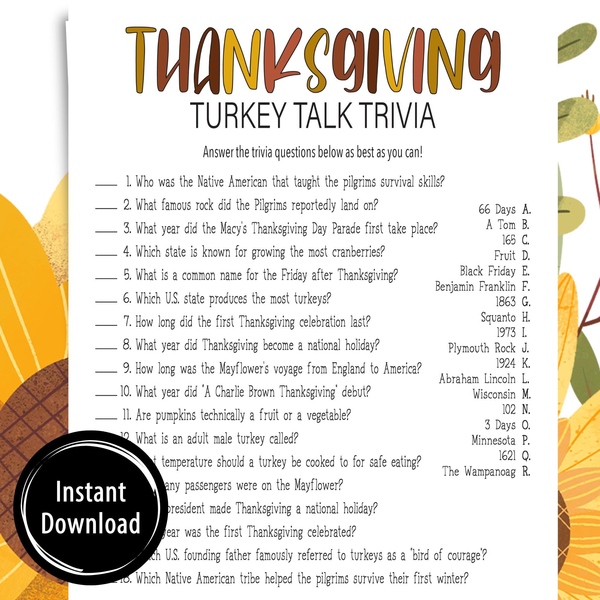 Thanksgiving Printable Trivia Game | Thanksgiving Game Night ...