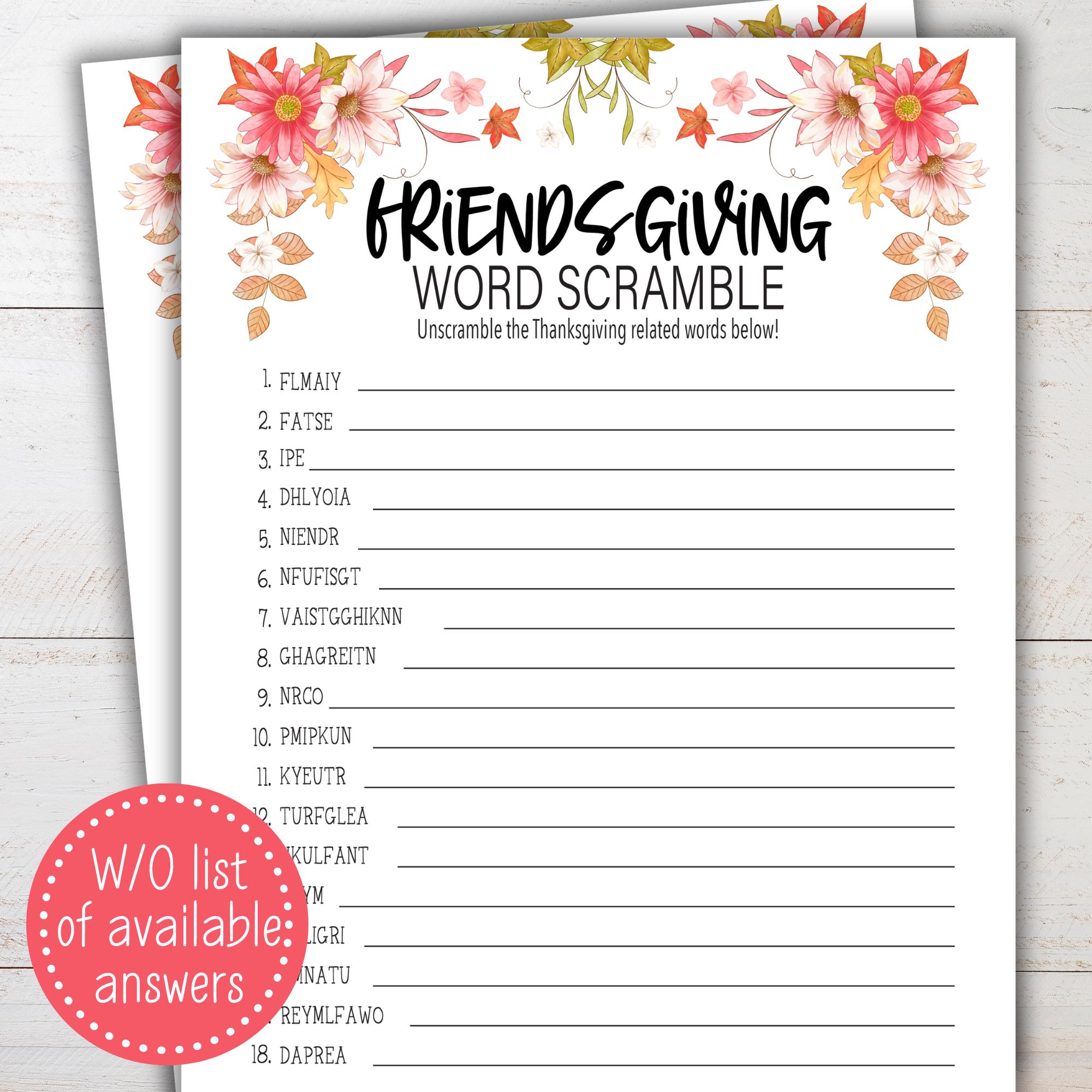 Friendsgiving Word Scramble | Friendsgiving Gathering Game Night ...