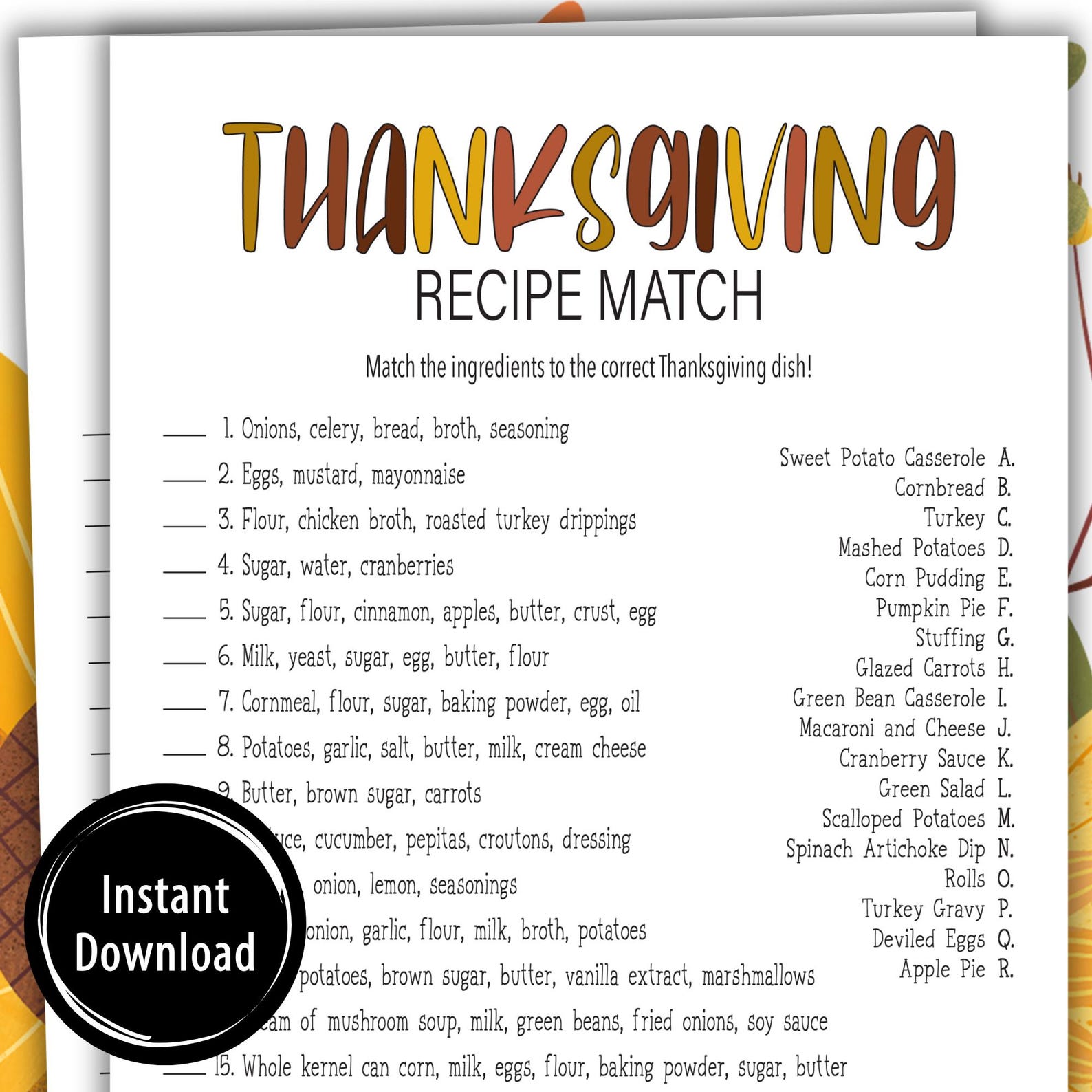 Thanksgiving Recipe Match Game | Thanksgiving Dish Ingredients Game ...