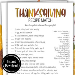 Thanksgiving Recipe Match Game | Thanksgiving Dish Ingredients Game ...