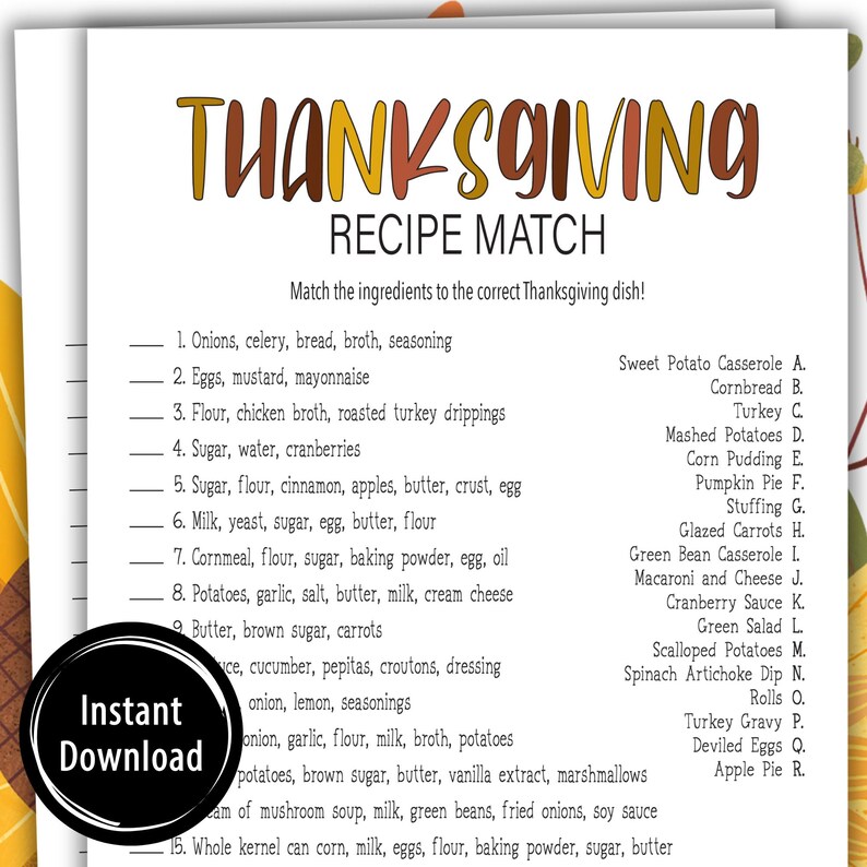 Thanksgiving Recipe Match Game | Thanksgiving Dish Ingredients Game ...
