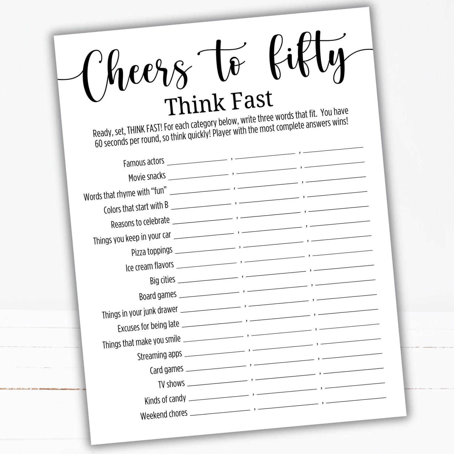 50th Birthday Think Fast Game | 50th Birthday Party Think Fast ...