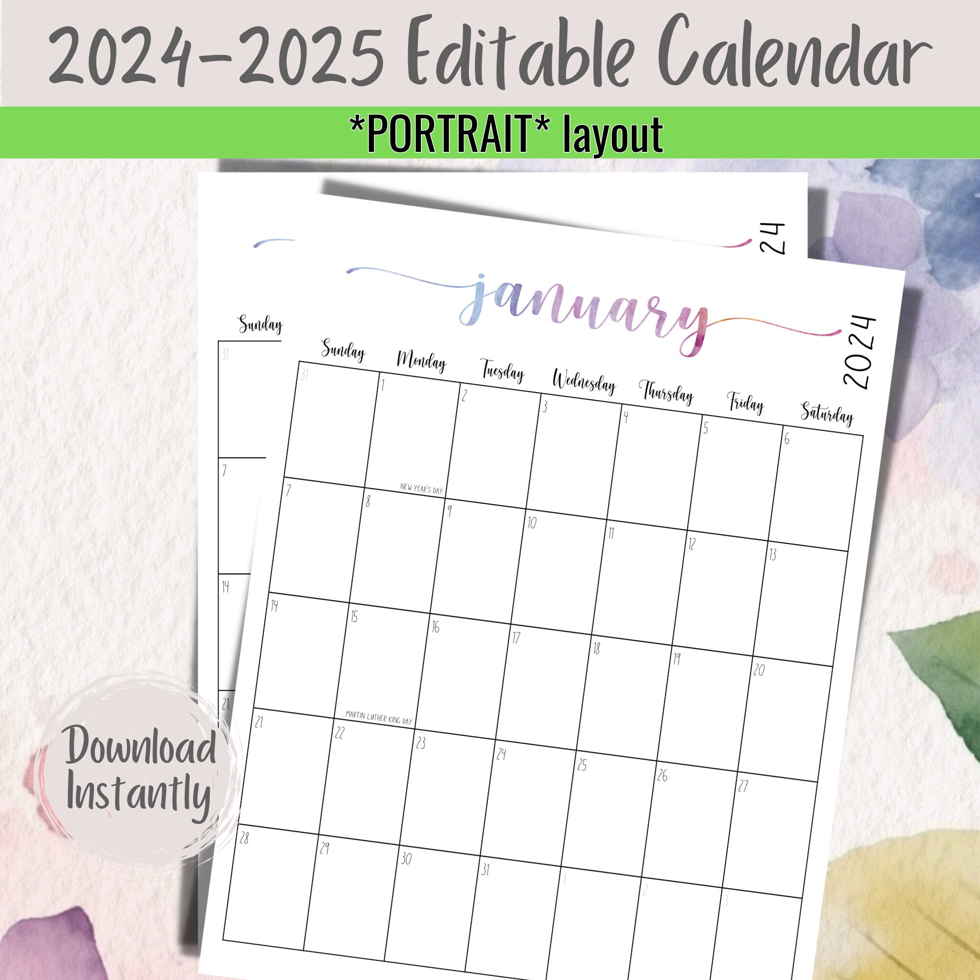 2024-2025 Portrait Printable Calendar Template Family Organizer Monthly ...