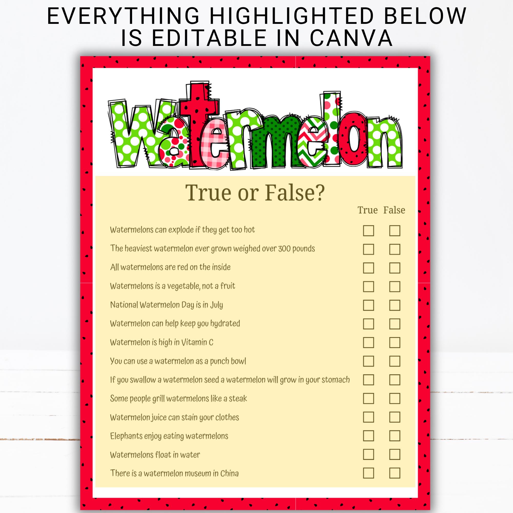 Editable Watermelon Trivia Game | Printable True or False Questions ...