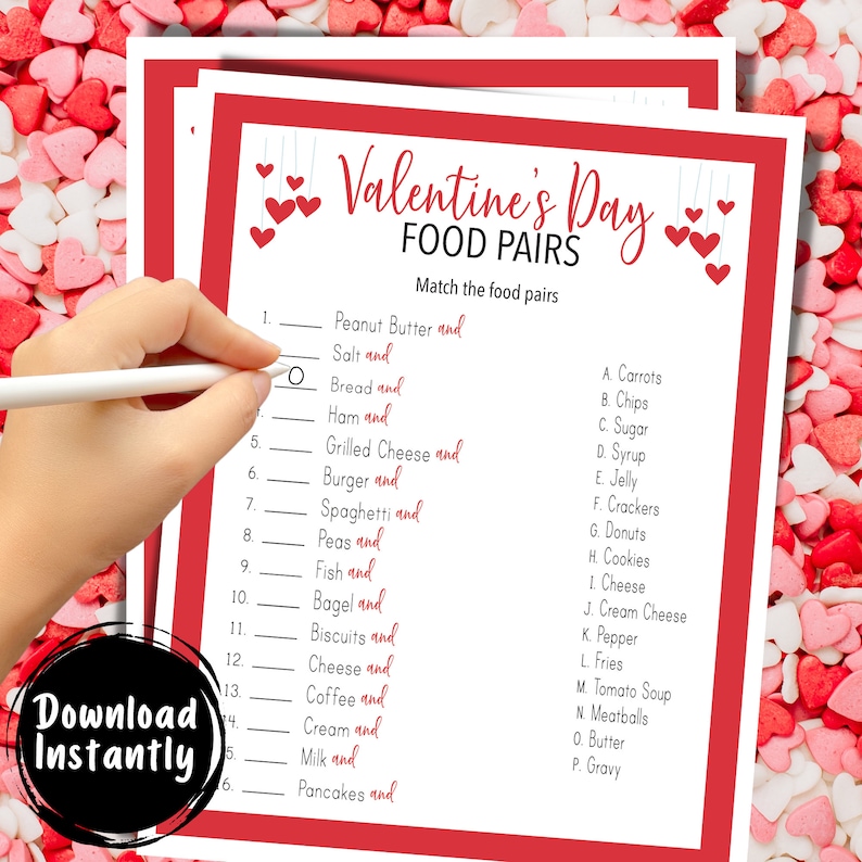 Valentines Food Pairs Matching Game | Valentines Party Games | Holiday ...