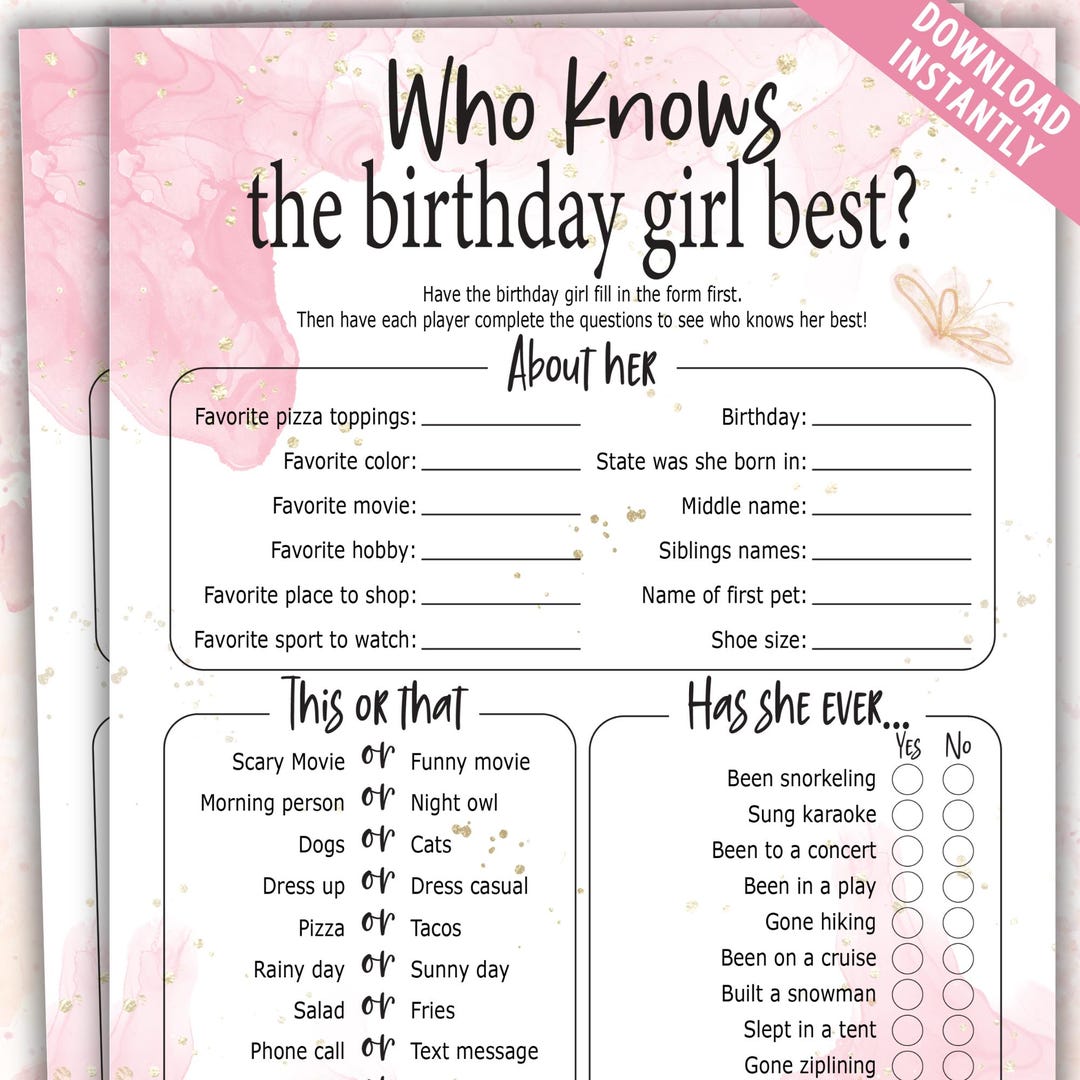 Printable Birthday Girl Game | How Well Do You Know the Birthday Girl ...