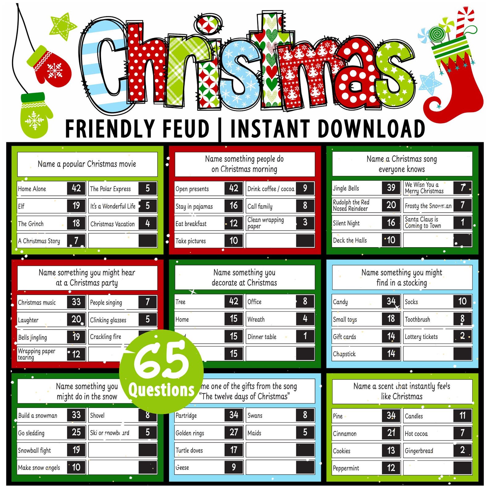 Christmas Friendly Feud Game Printable | Holiday Party Game for ...