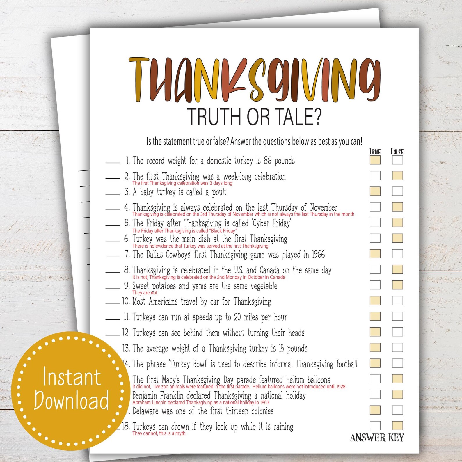 Thanksgiving True or False Questions Thanksgiving Game Night ...
