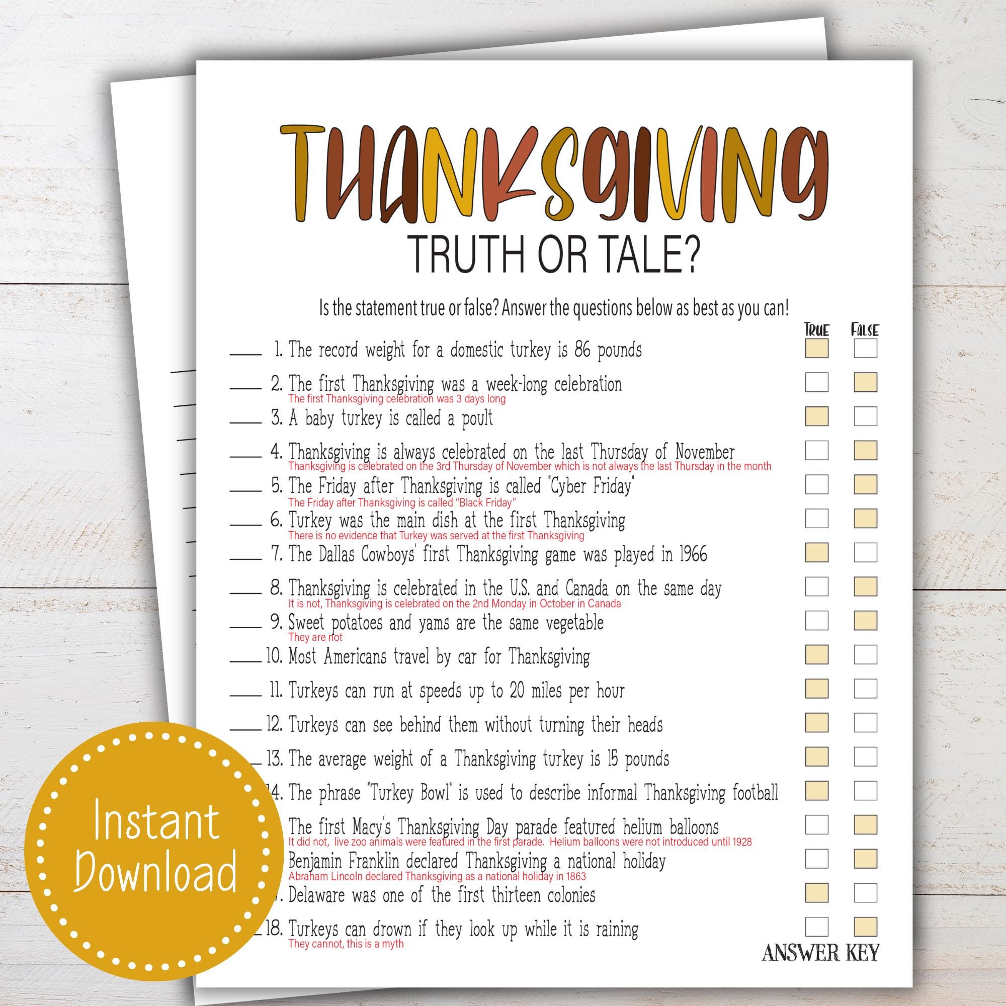 Thanksgiving True or False Questions Thanksgiving Game Night ...