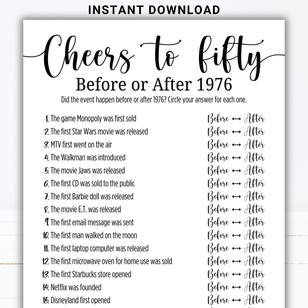 50th Birthday Before or After 1976 Trivia Game | Fun Printable Party ...