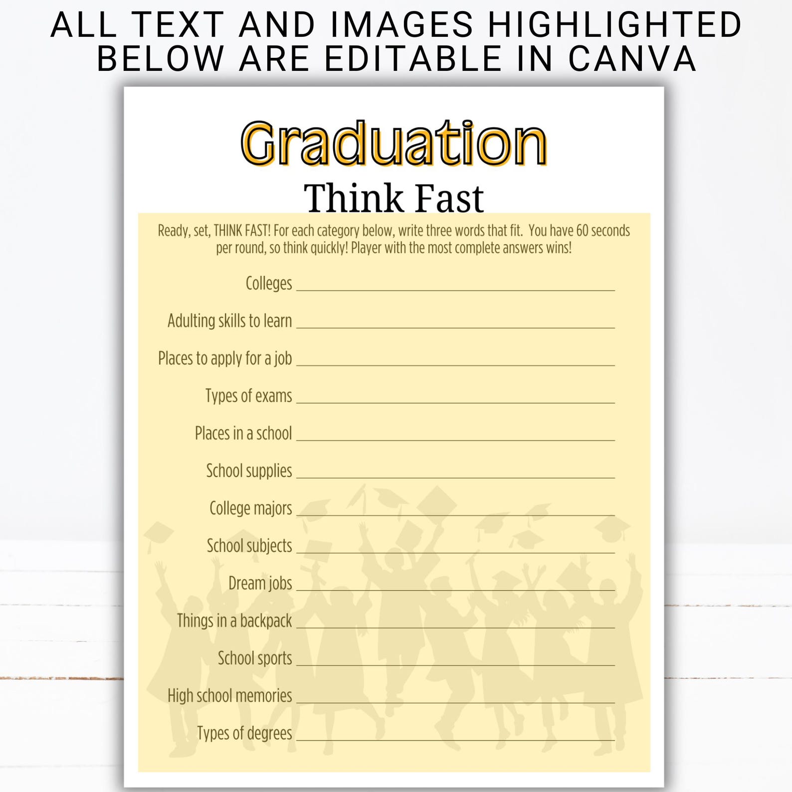 Editable Graduation Think Fast Game Printable Grad Party Activity Fun ...
