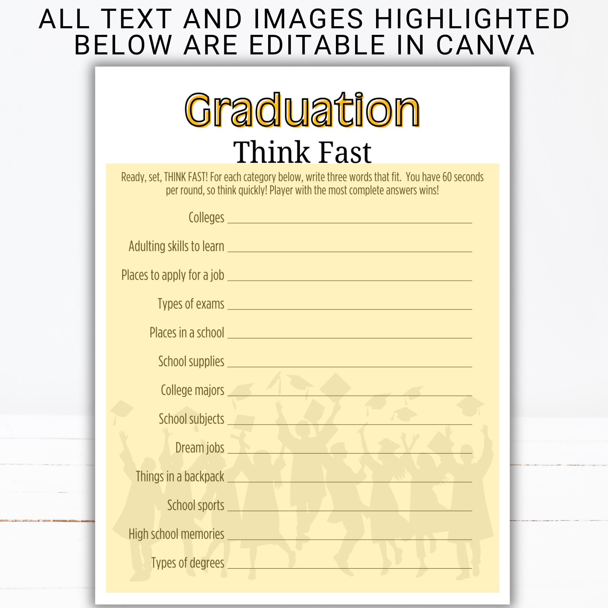 Editable Graduation Think Fast Game Printable Grad Party Activity Fun ...