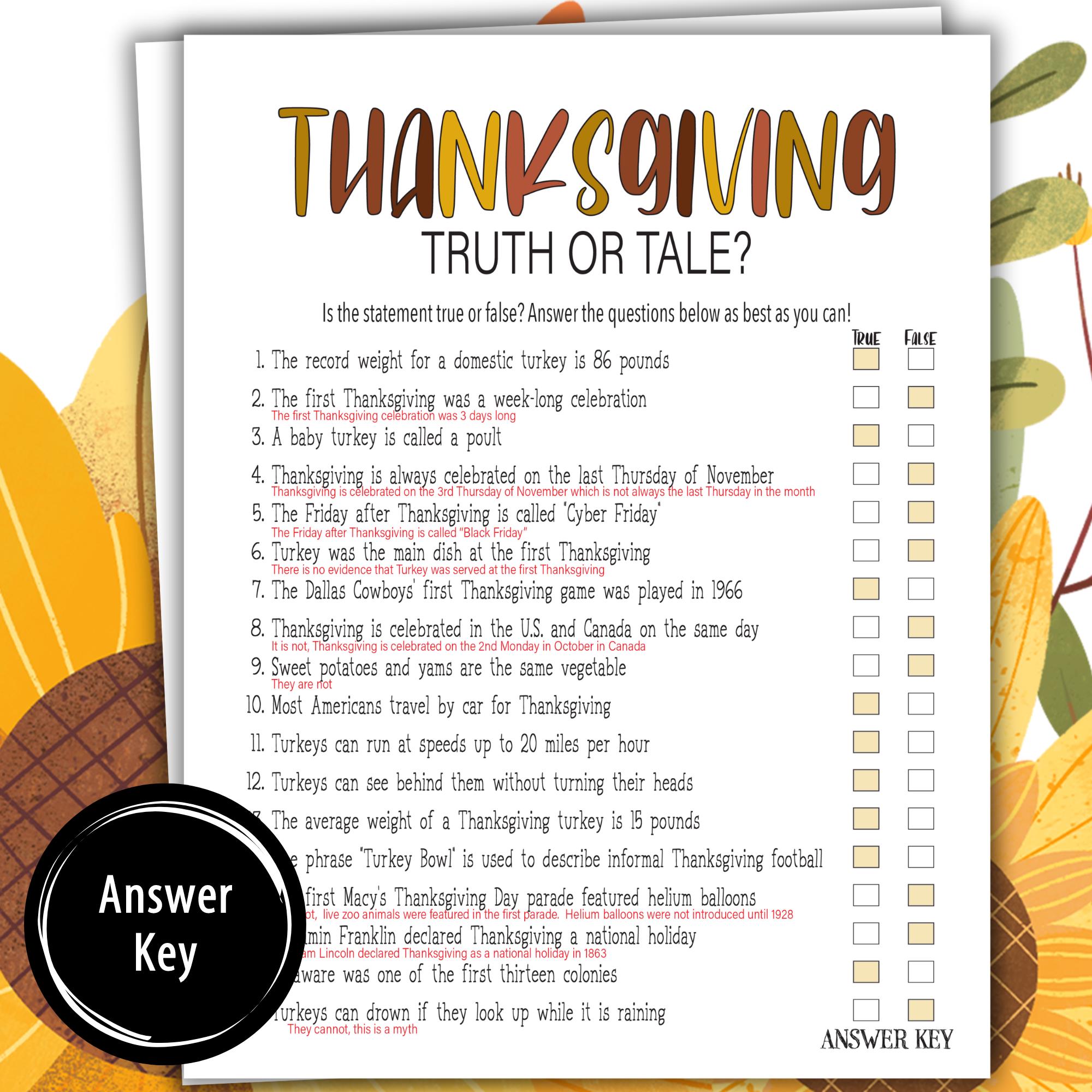 Thanksgiving True or False Questions | Thanksgiving Game Night ...