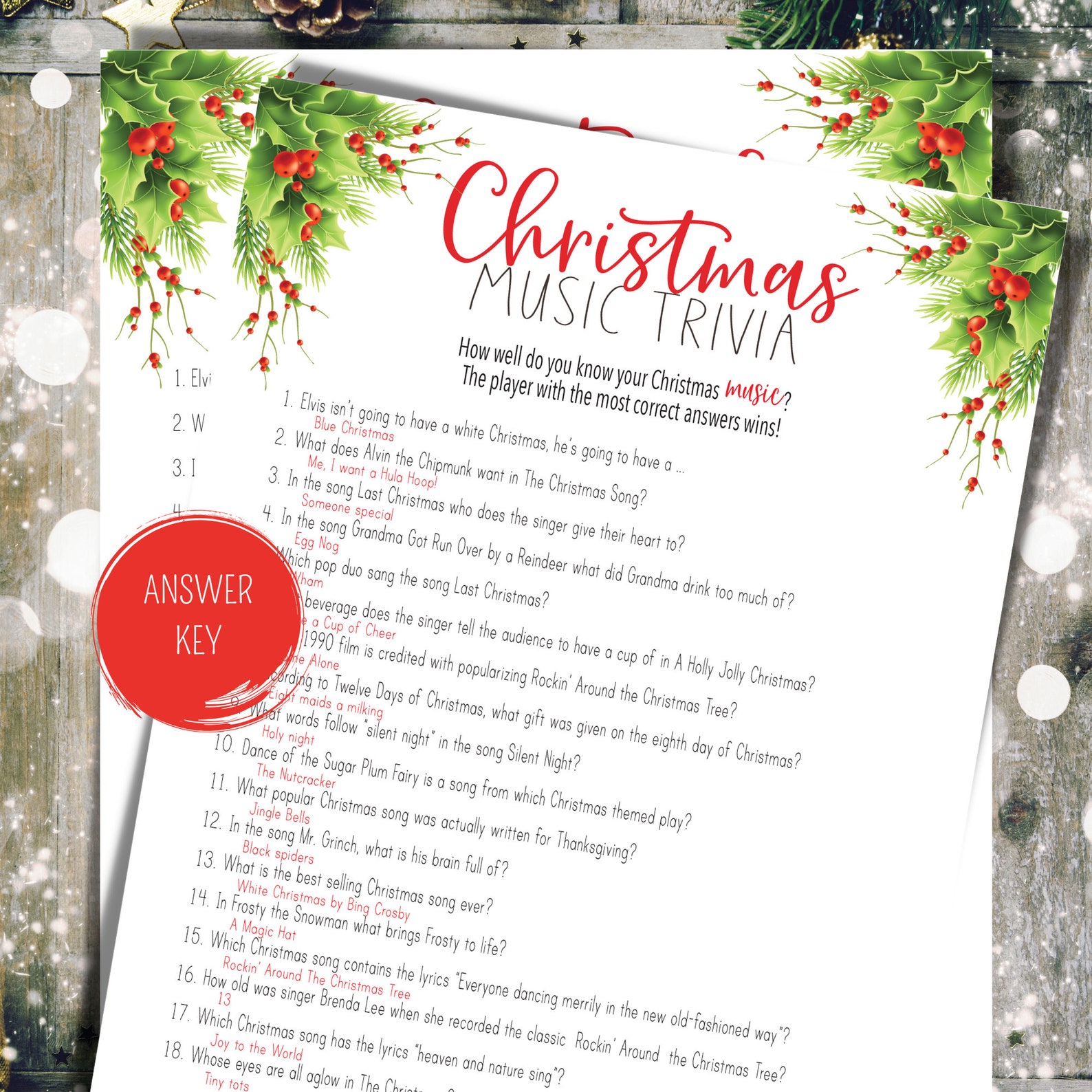 Christmas Printable Games, Christmas Trivia Game, Christmas Song Trivia ...