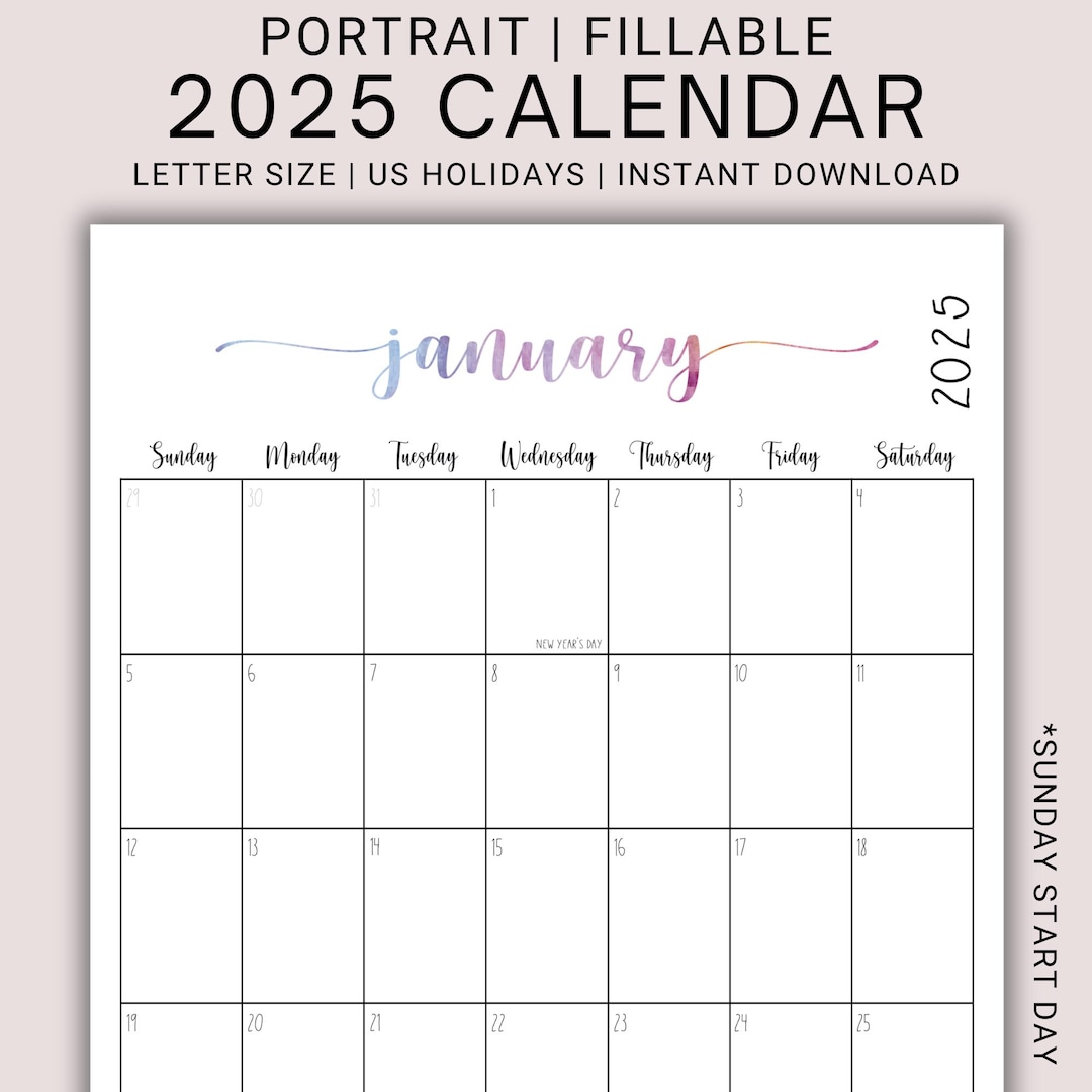 2025 Portrait Printable Calendar Template | Family Organizer | Monthly ...