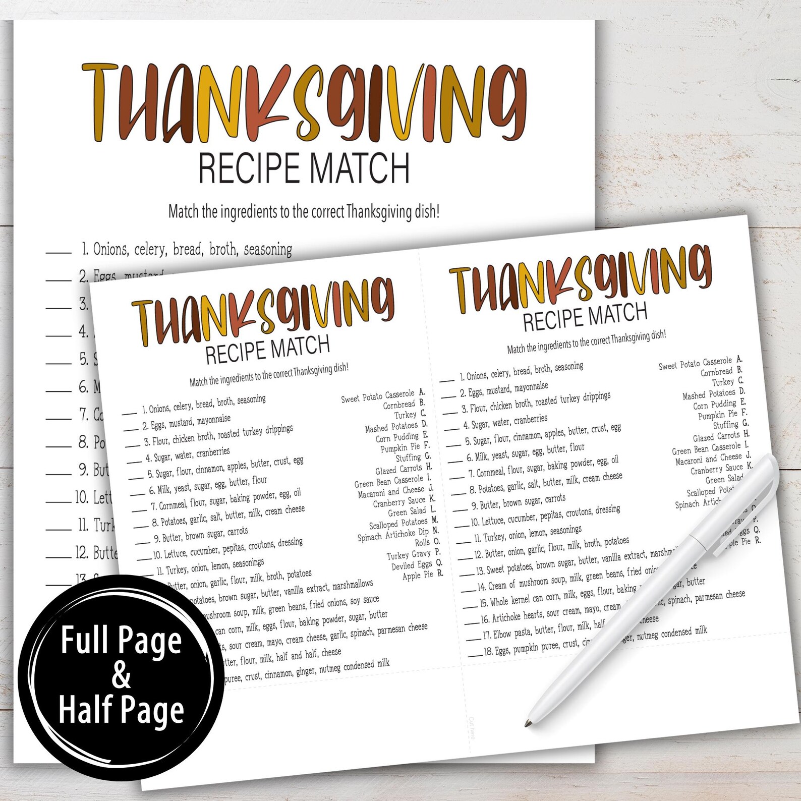 Thanksgiving Recipe Match Game | Thanksgiving Dish Ingredients Game ...