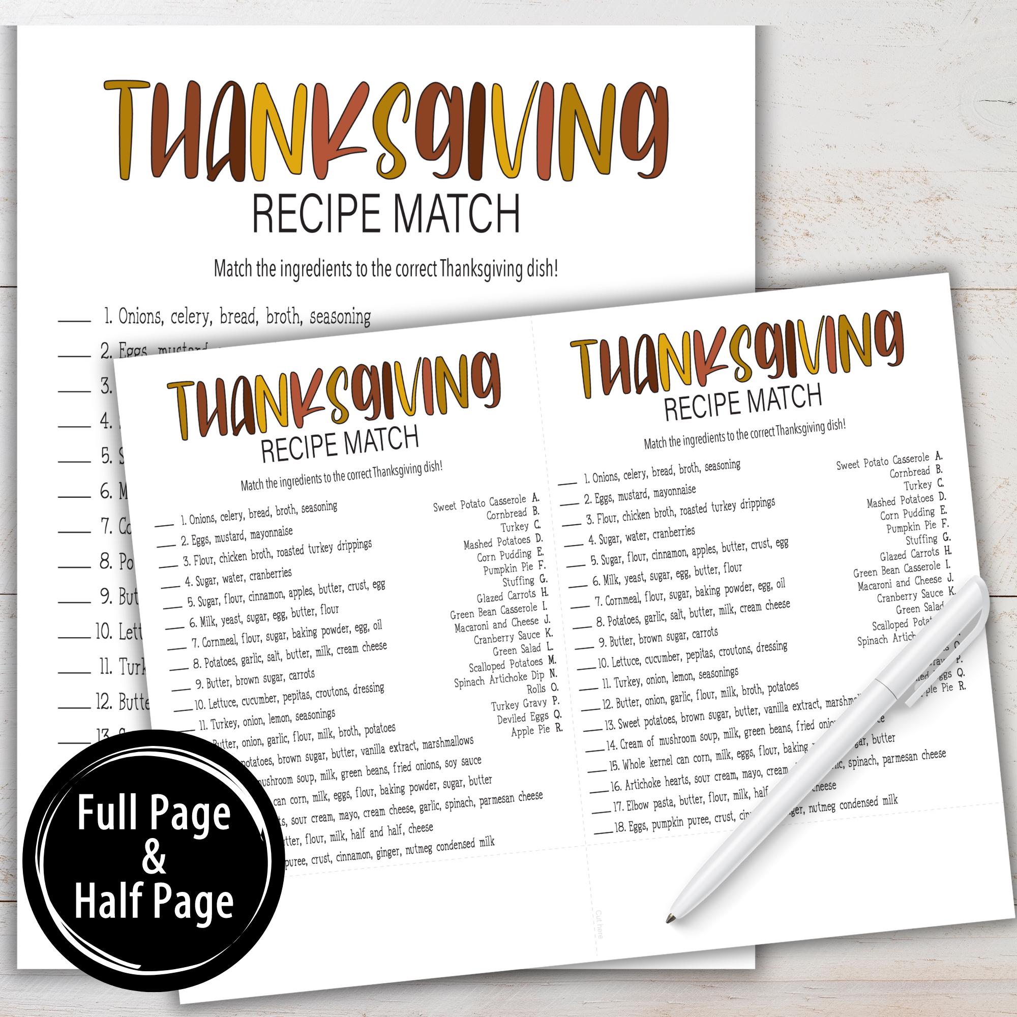 Thanksgiving Recipe Match Game | Thanksgiving Dish Ingredients Game ...