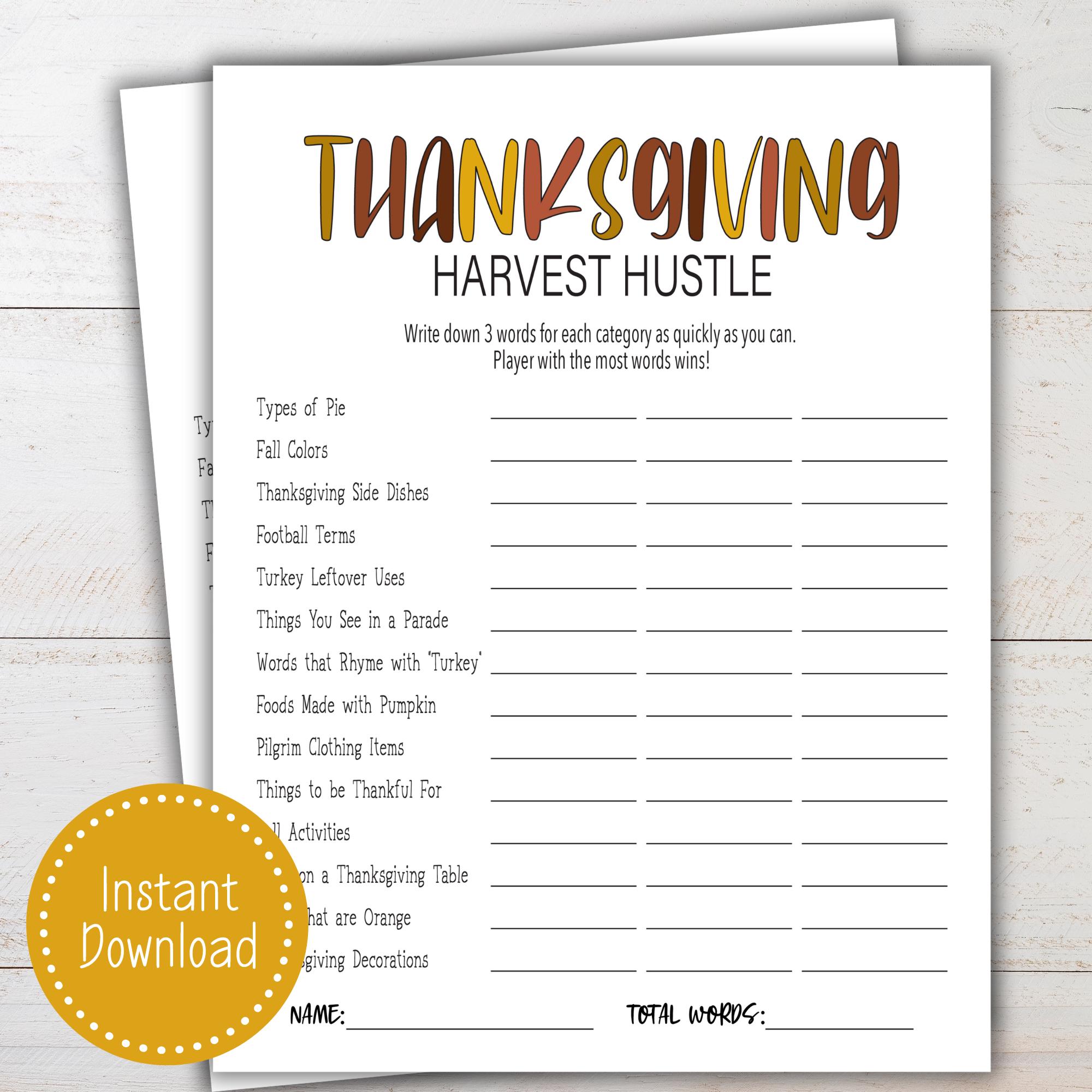 Thanksgiving Think Fast Word Game Thanksgiving Game Night Thanksgiving ...