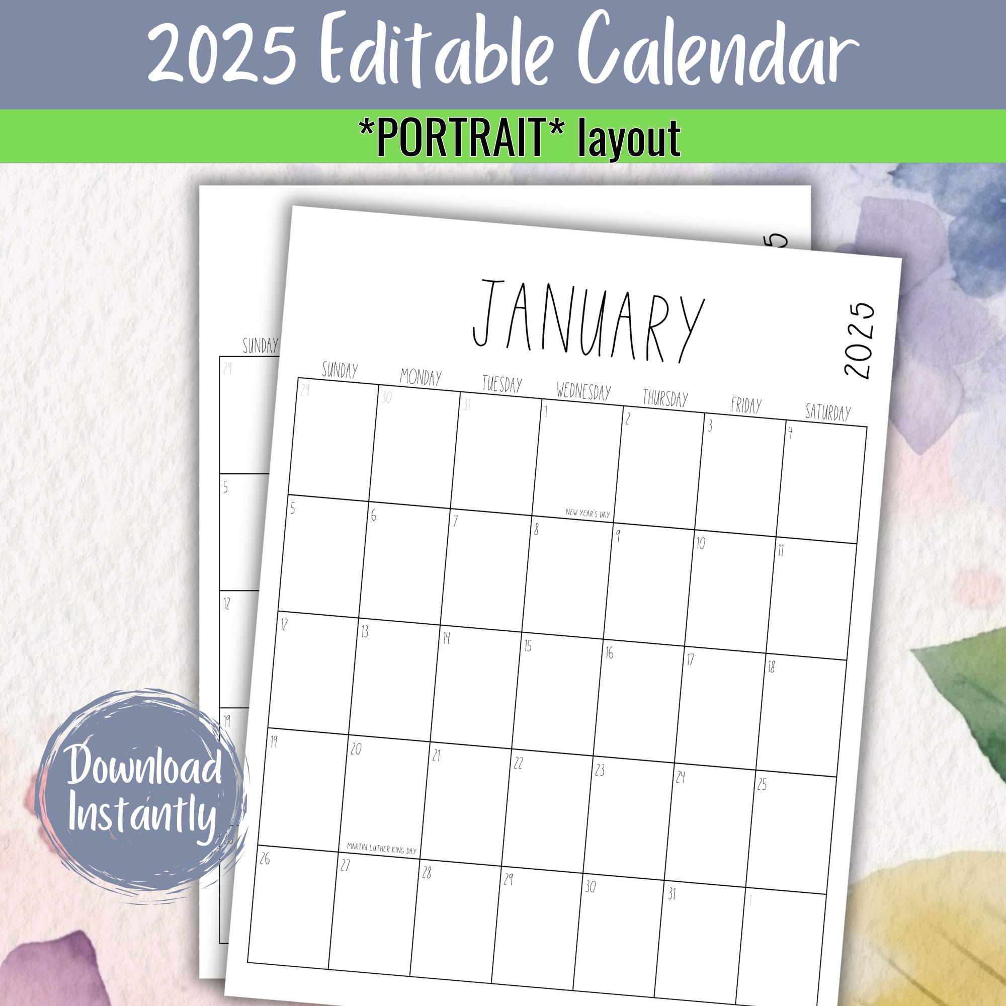 2025 Portrait Printable Calendar Template | Family Organizer | Monthly ...
