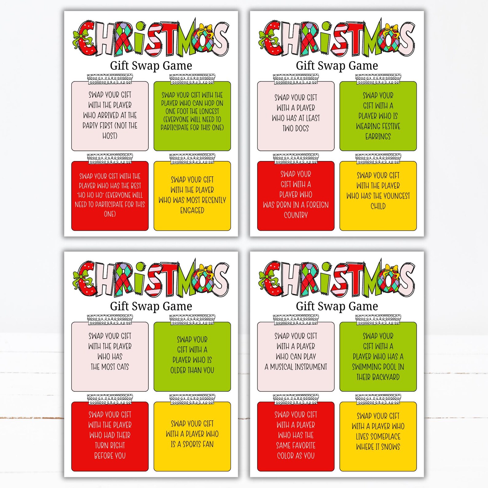 Christmas Gift Swap Game | Printable White Elephant Gift Exchange Cards ...