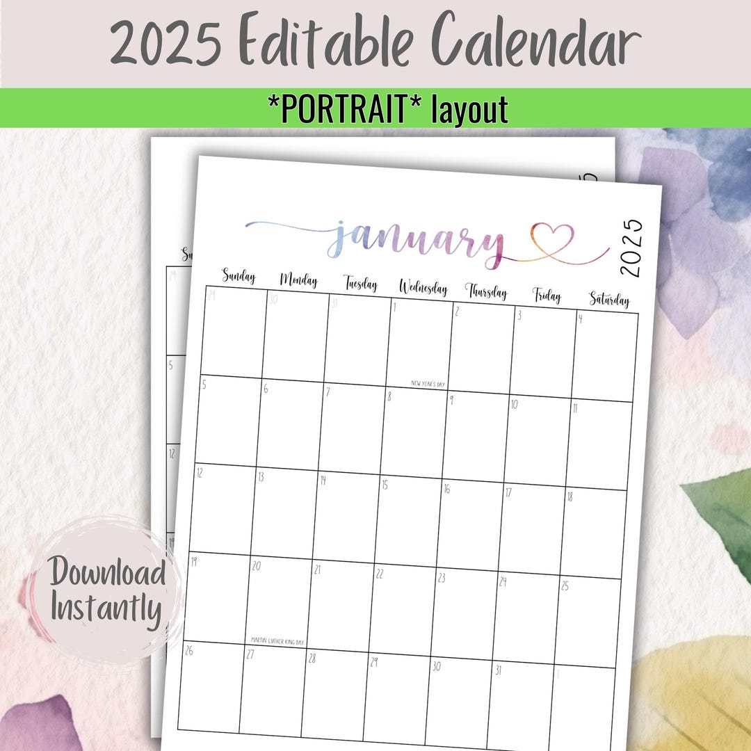 2025 Portrait Printable Calendar Template | Family Organizer | Monthly ...