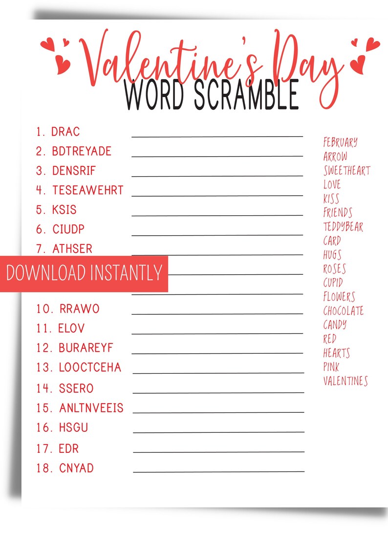 Valentines Day Word Scramble | Valentines Printable Games | Printable ...