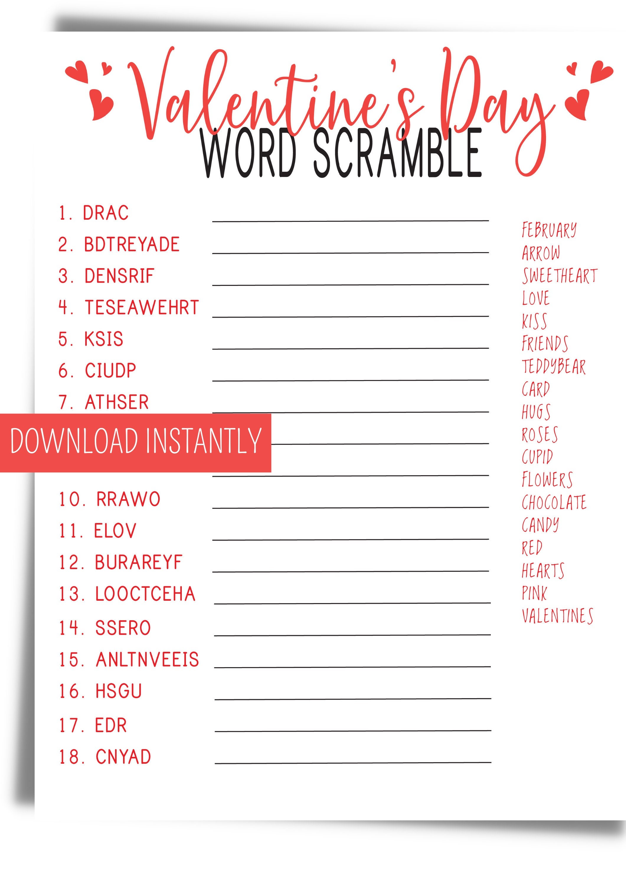 Valentines Day Word Scramble | Valentines Printable Games | Printable ...