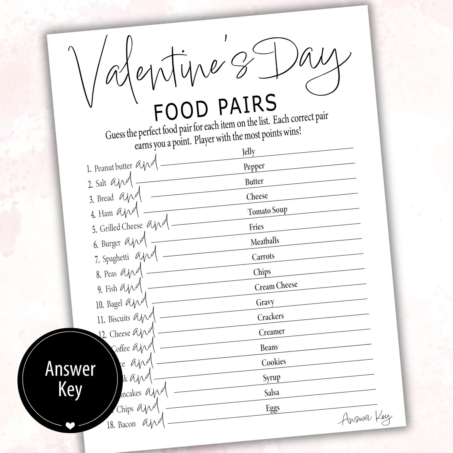 Valentines Day Food Pairs Game | Black and White Food Match Game ...