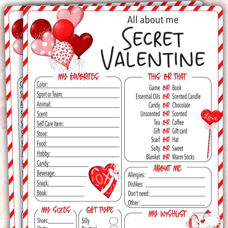 Red Secret Valentine Questionnaire Form | Secret Valentine Gift ...