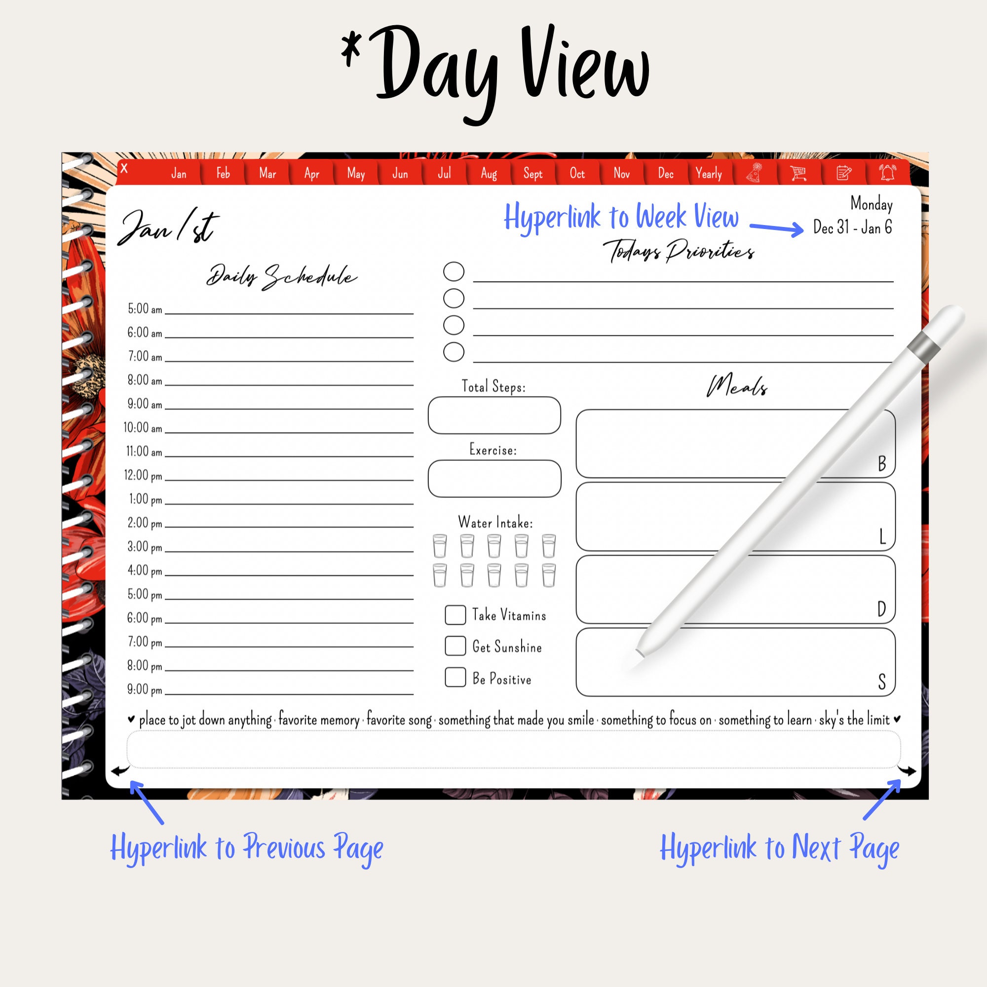 2024 Digital Planner Beautiful 2024 Red Floral Monthly Calendar PDF ...