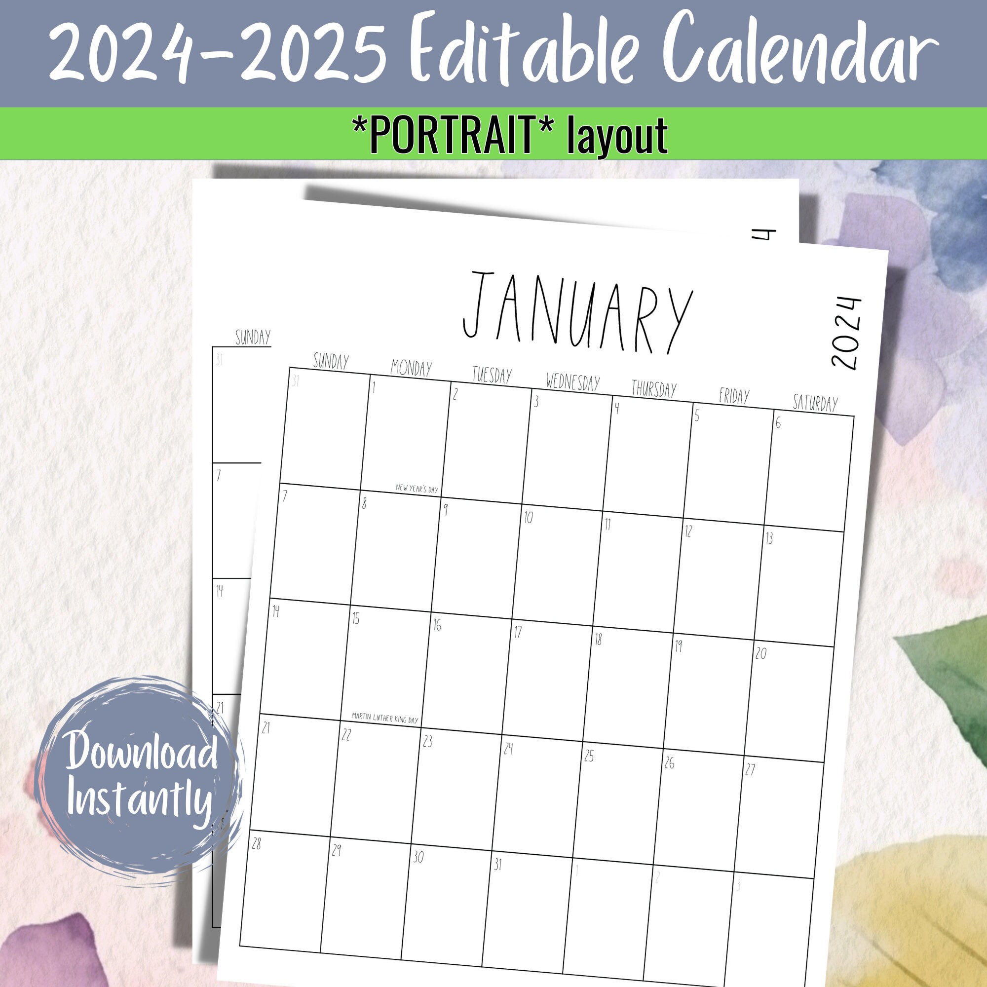 2024-2025 Portrait Printable Calendar Template Family Organizer Monthly ...