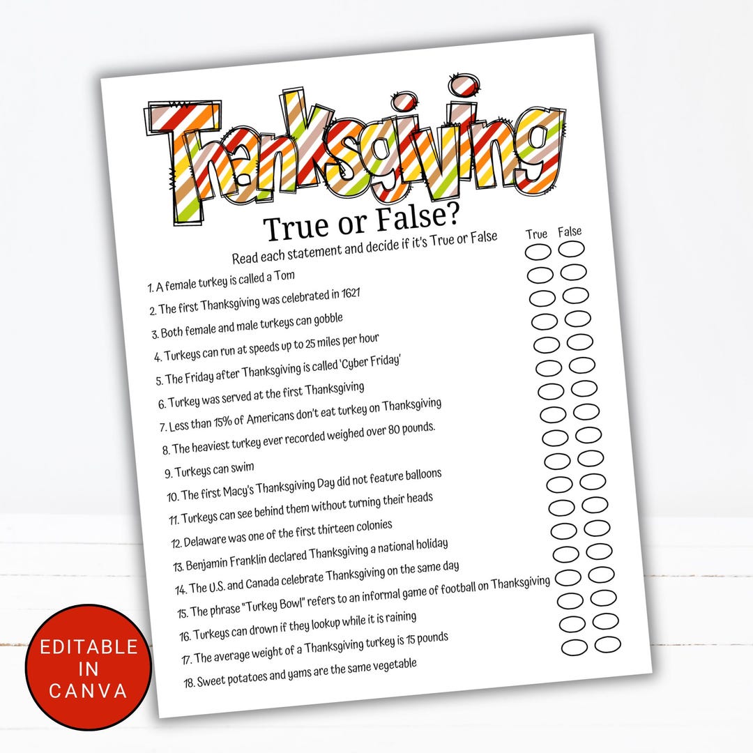 Printable and Editable Thanksgiving True or False Questions ...