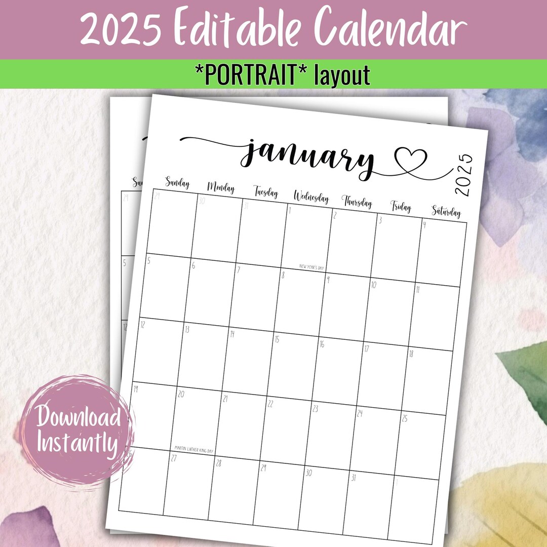 2025 Portrait Printable Calendar Template | Family Organizer | Monthly ...