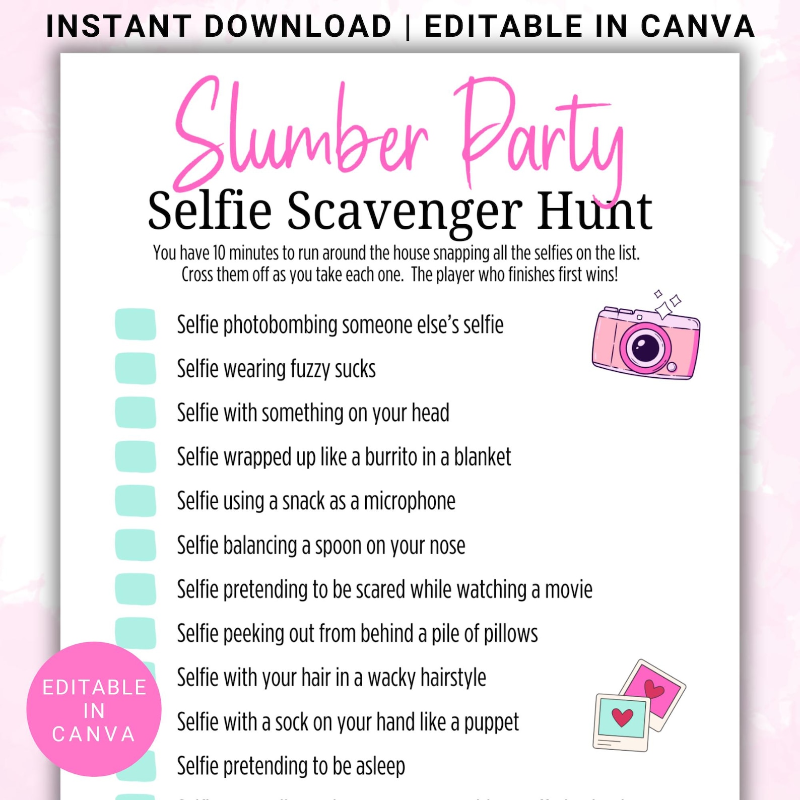 Fun Printable Slumber Party Selfie Scavenger Hunt Game | Girl Teen or ...