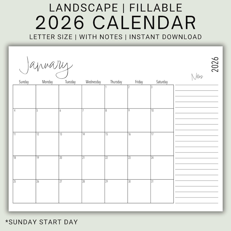 Printable Editable 2026 Calendar With Notes | Landscape US Letter ...