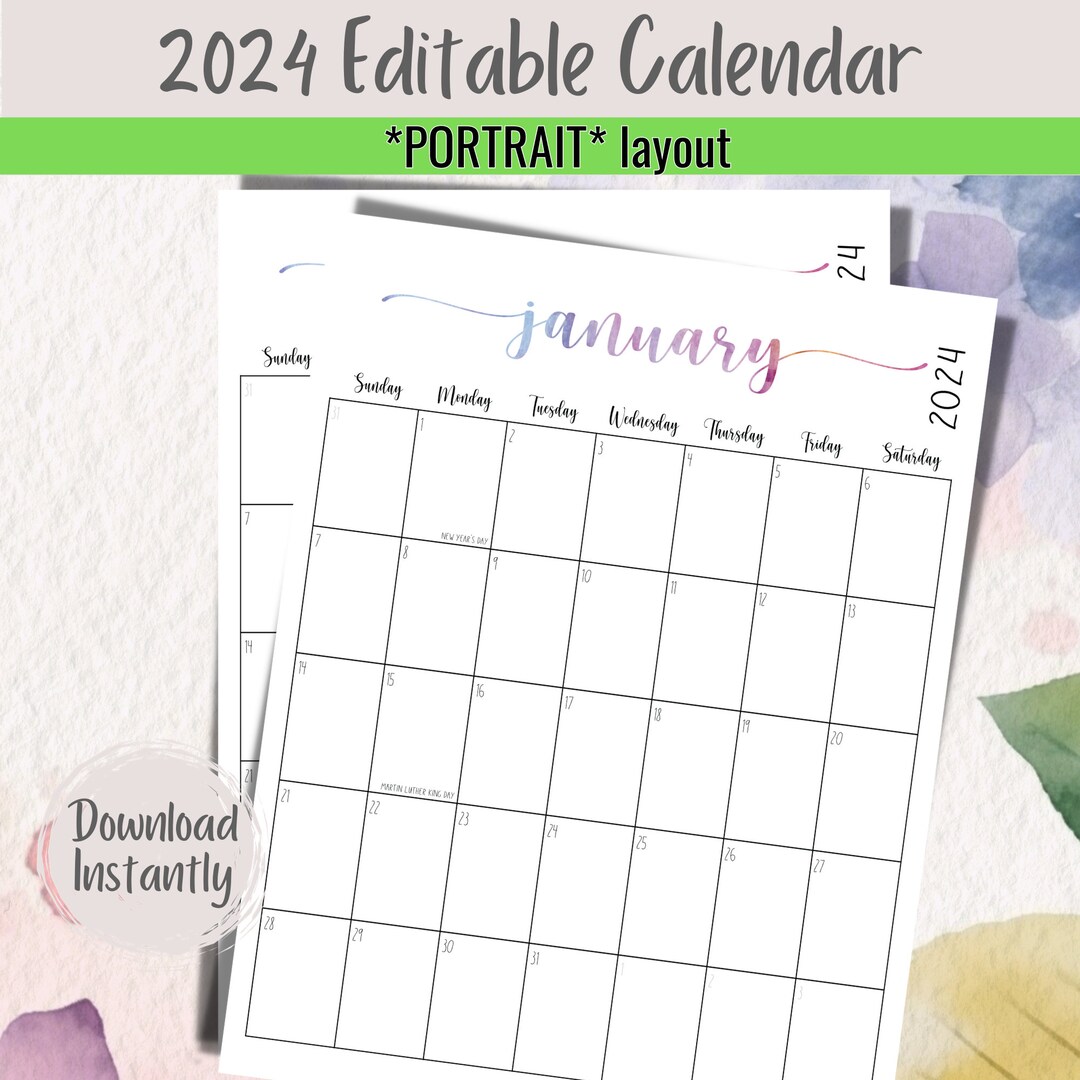 2024 Portrait Printable Calendar Template Family Organizer Monthly ...