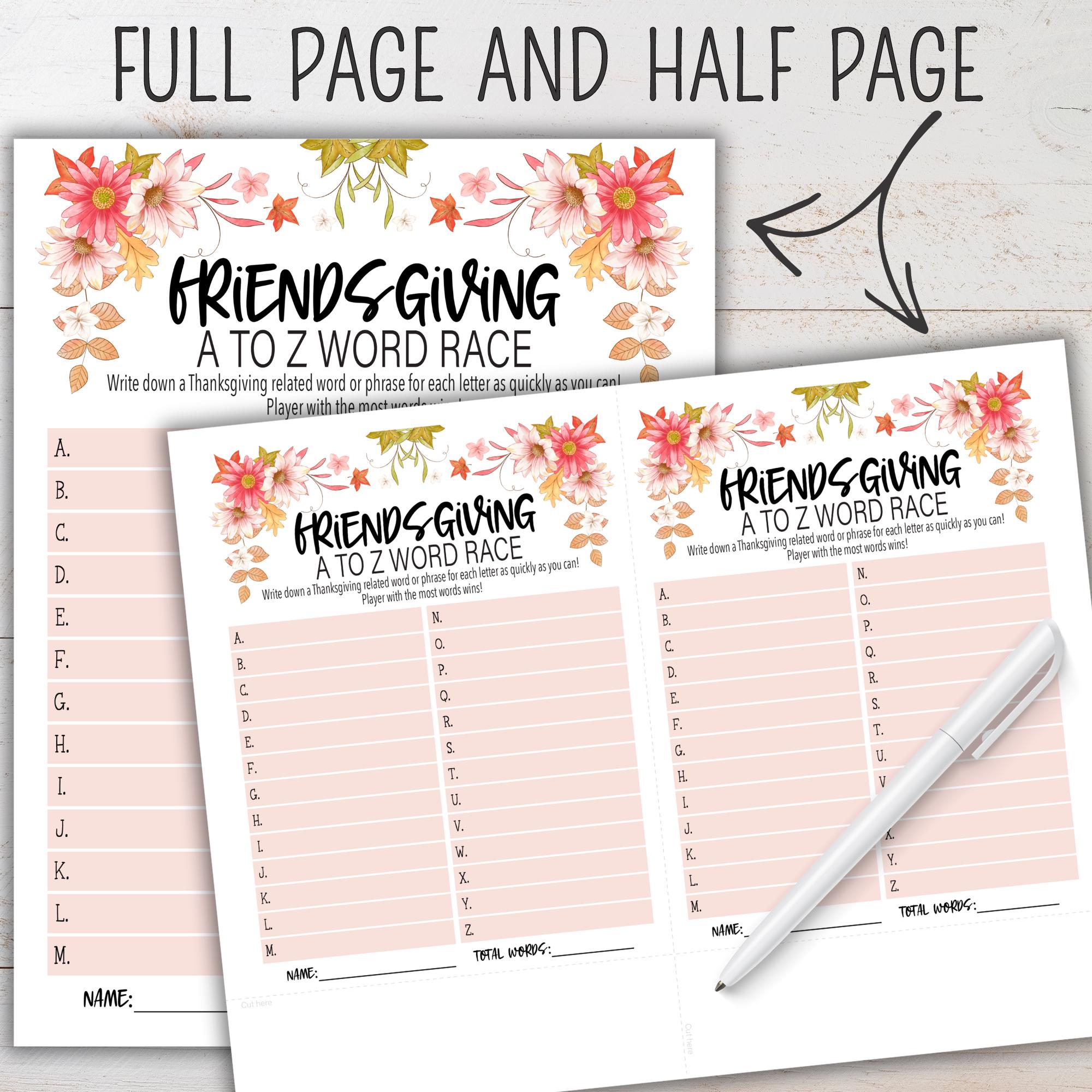 Friendsgiving Printable Word Race Game | Friendsgiving Game Night ...