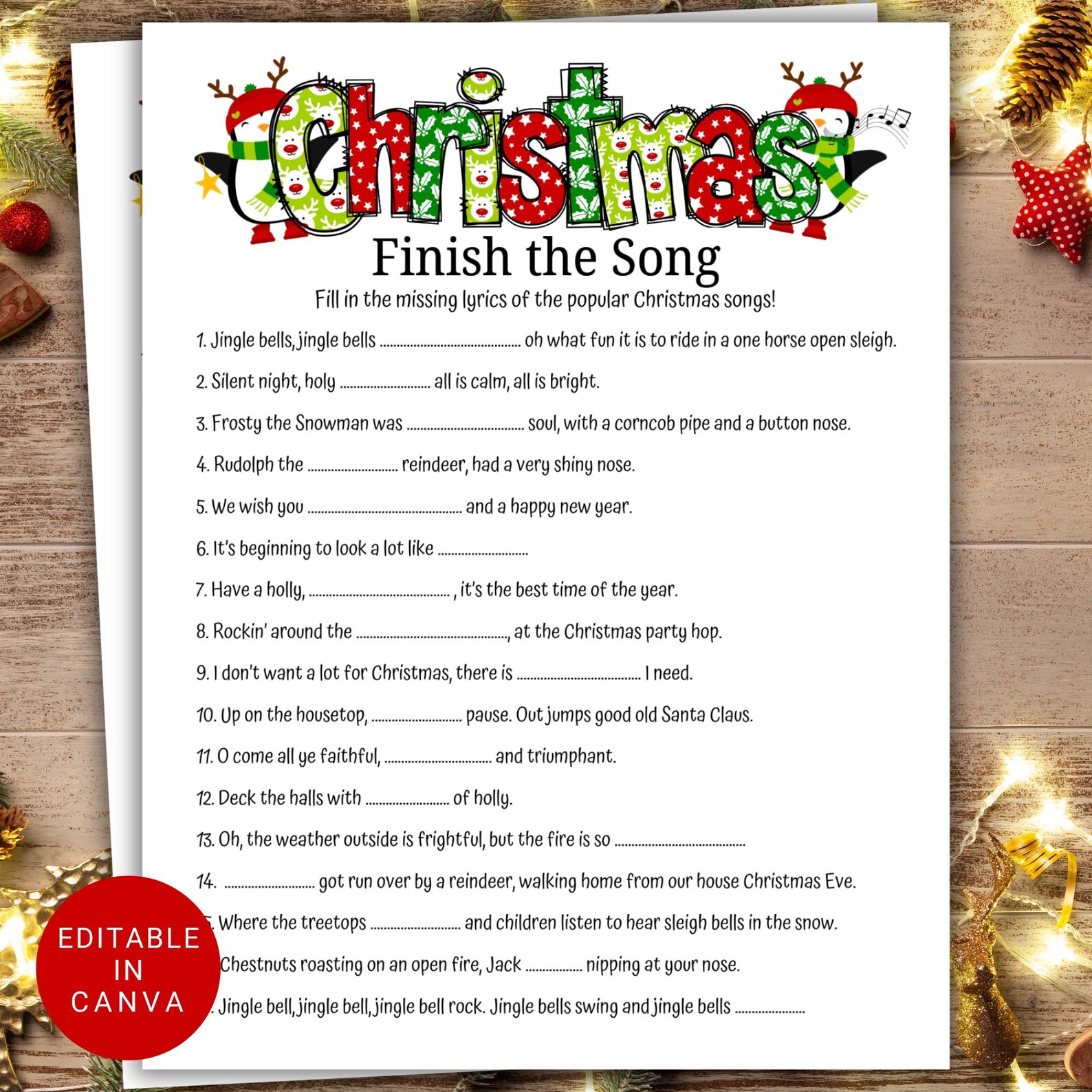 Christmas Finish the Song Printable Game | Editable Finish the Lyric ...