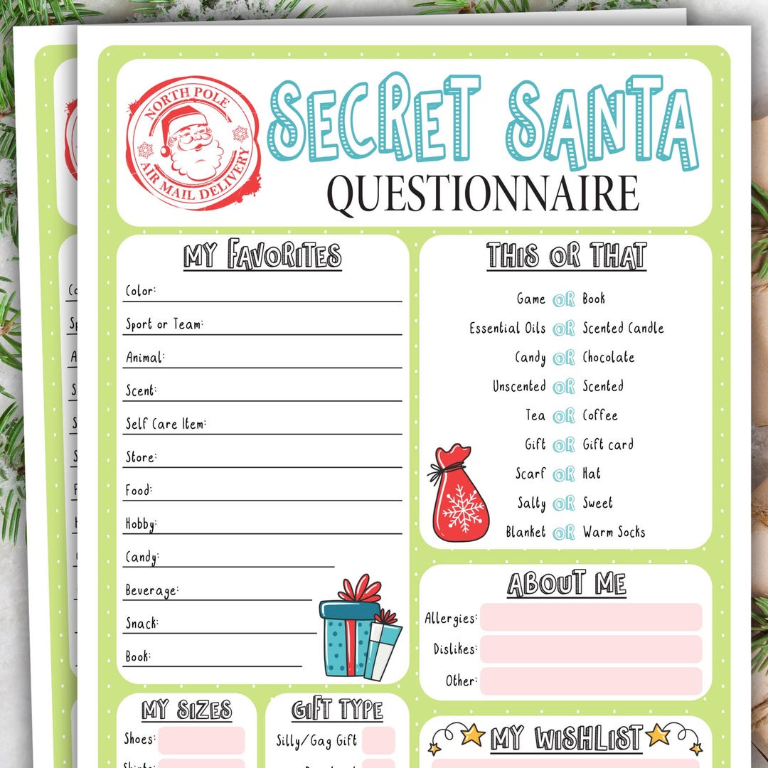 Christmas Secret Santa Questionnaire Form | Secret Santa Survey ...