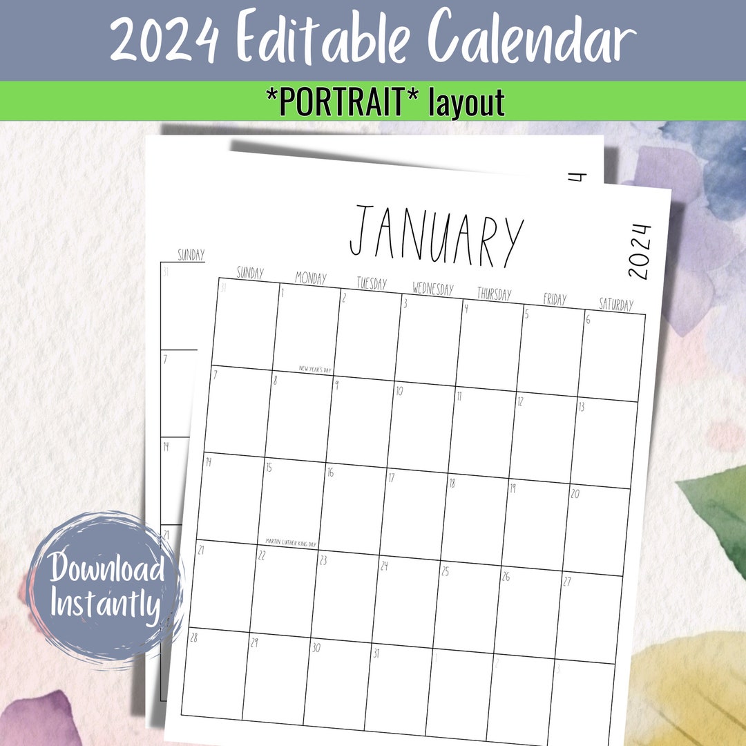 2024 Portrait Printable Calendar Template Family Organizer Monthly ...